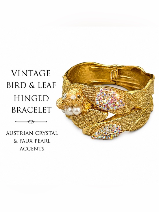 Jewelry | Vintage Gold Tone Leaf Hinged Bracelet Austrian Crystal Faux ...